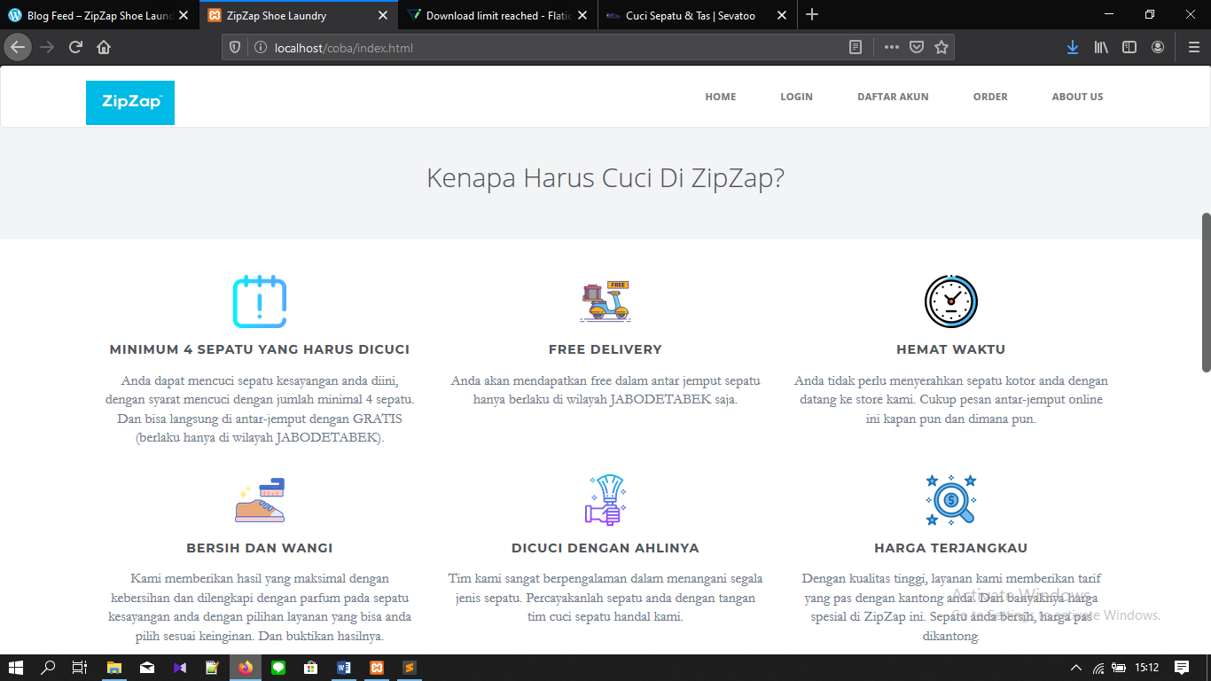 Pembuatan Front End Halaman Utama dan Halaman About Us – ZipZap Shoe Laundry
